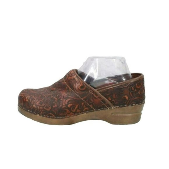 Sanita | Shoes | Sanita Brown Leather Slip On Floral Embossed Clogs ...